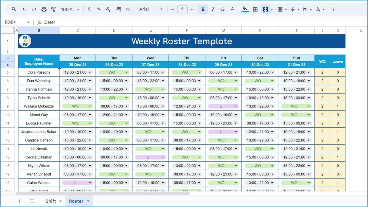 Weekly Roster Template In Google Sheet Step By Step Tutorial Youtube