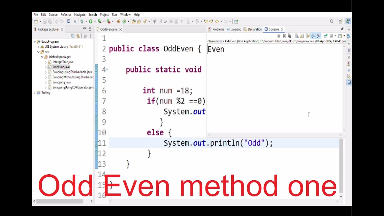 Java Odd Even Program Method One Youtube