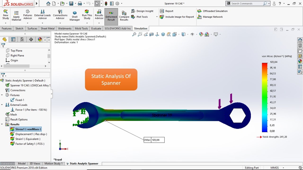 Static Analysis Spanner Use Solidworks Youtube