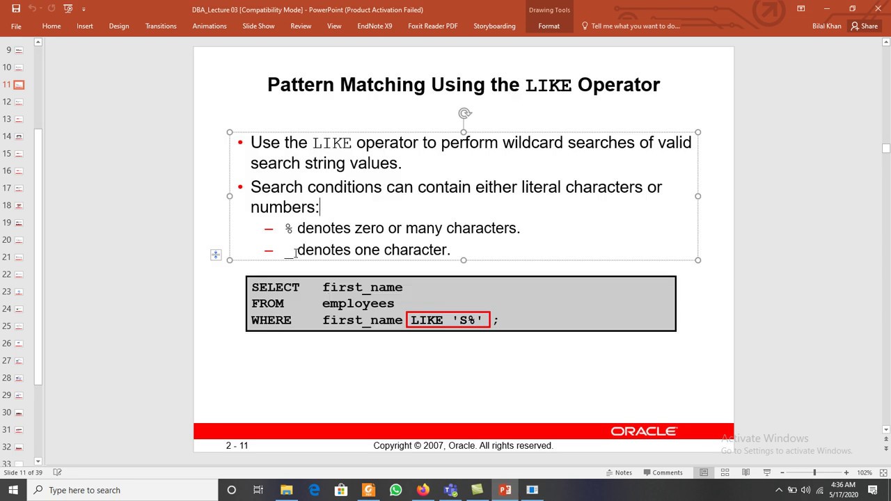 How To Use Like Operator In Sql Youtube
