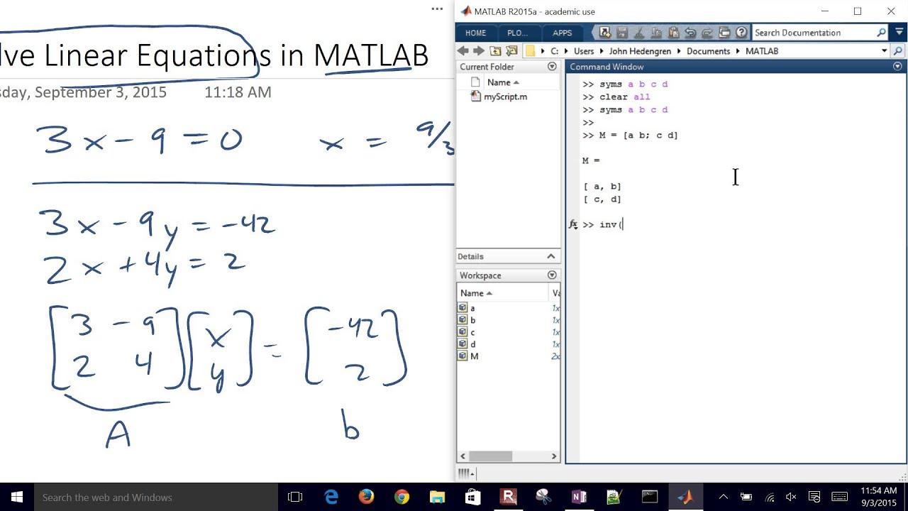 Solve Linear Equations With Matlab Youtube