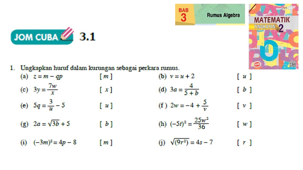 Kssm Matematik Tingkatan 2 Bab 3 Rumus Algebra Jom Cuba 3 1 No1 Buku