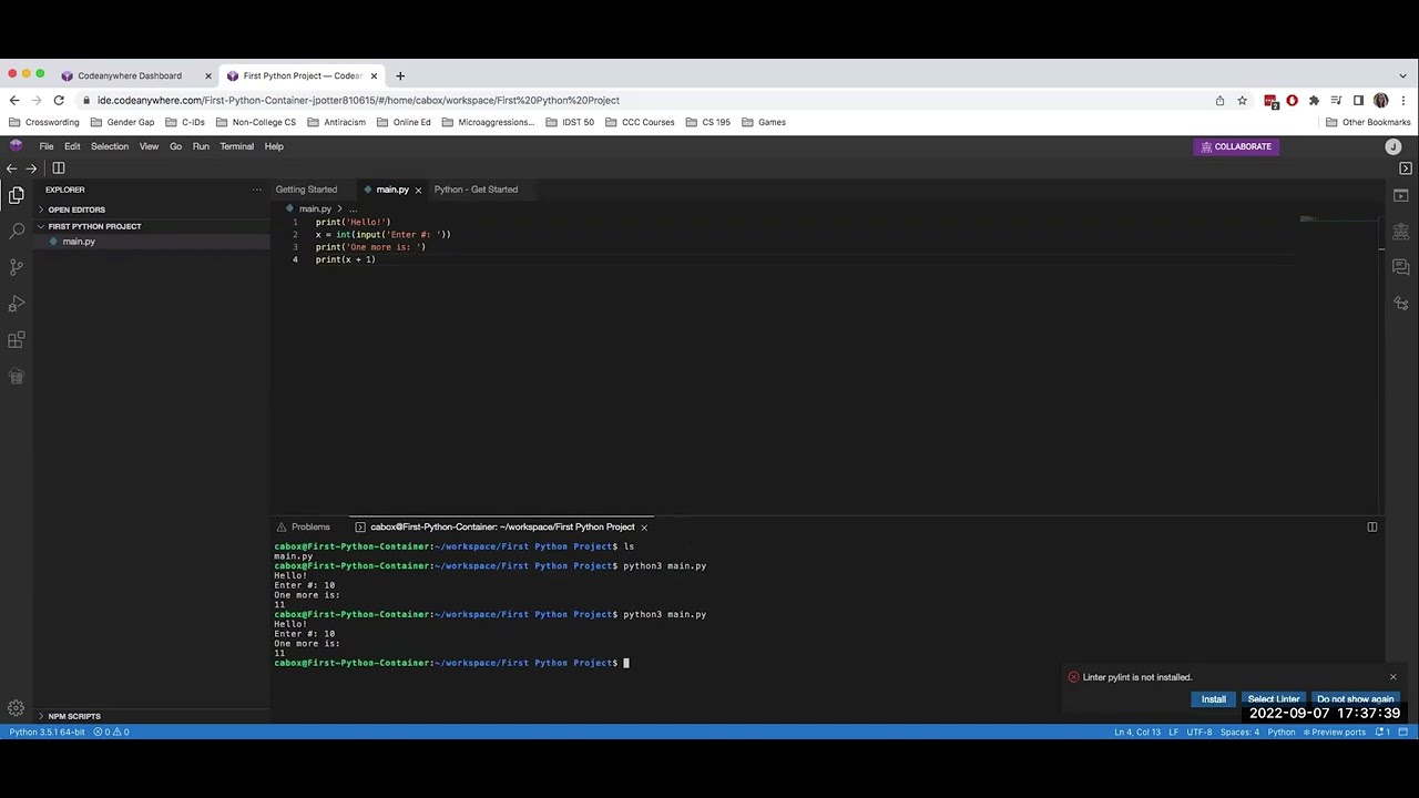 Cs 131b Create And Run Python Program In Codeanywhere Youtube