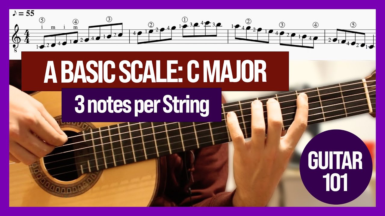 C Major Scale 3 Notes Per String Pattern Basic Guitar Youtube