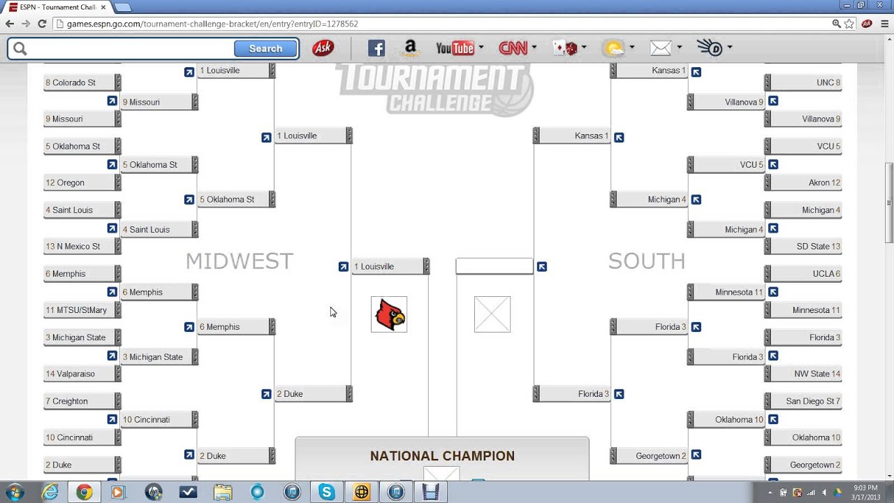 2013 Ncaa Men S Basketball Tournament Bracket Bracket 1 Youtube