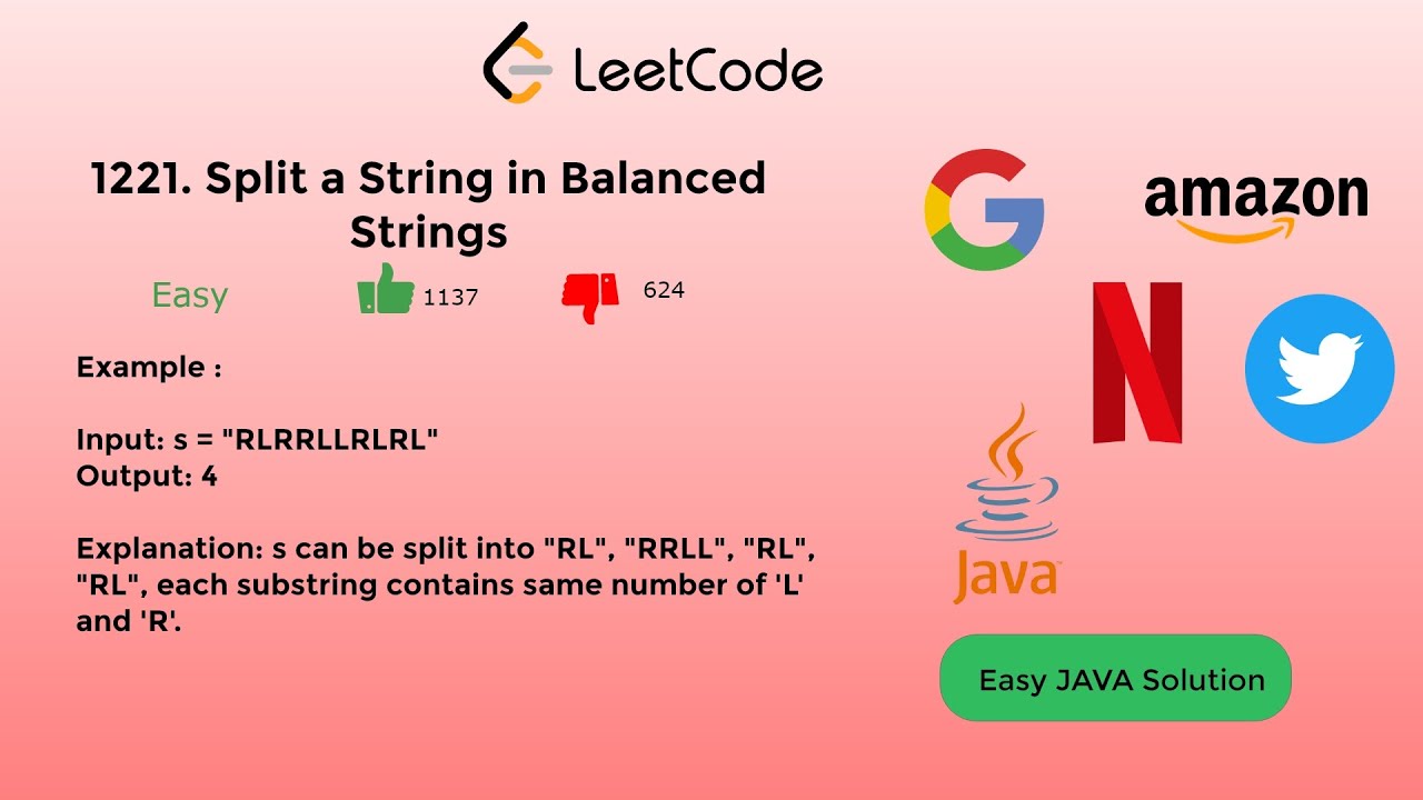 1221 Split A String In Balanced Strings Leetcode Easy Solution