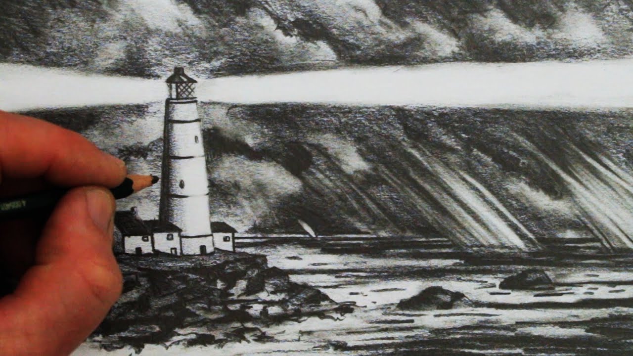 How To Draw A Lighthouse The Sea And Sky Youtube