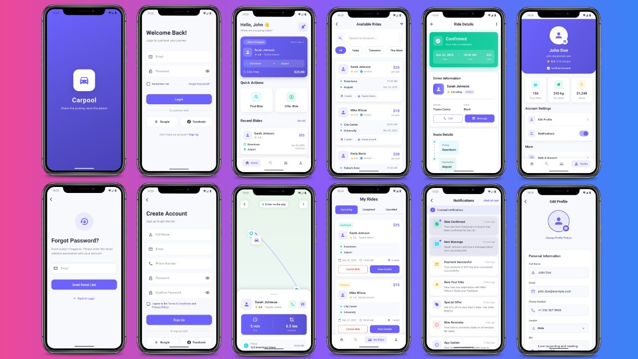 Carpool App Ui Design In Flutter Ride Sharing App Ui Design Youtube