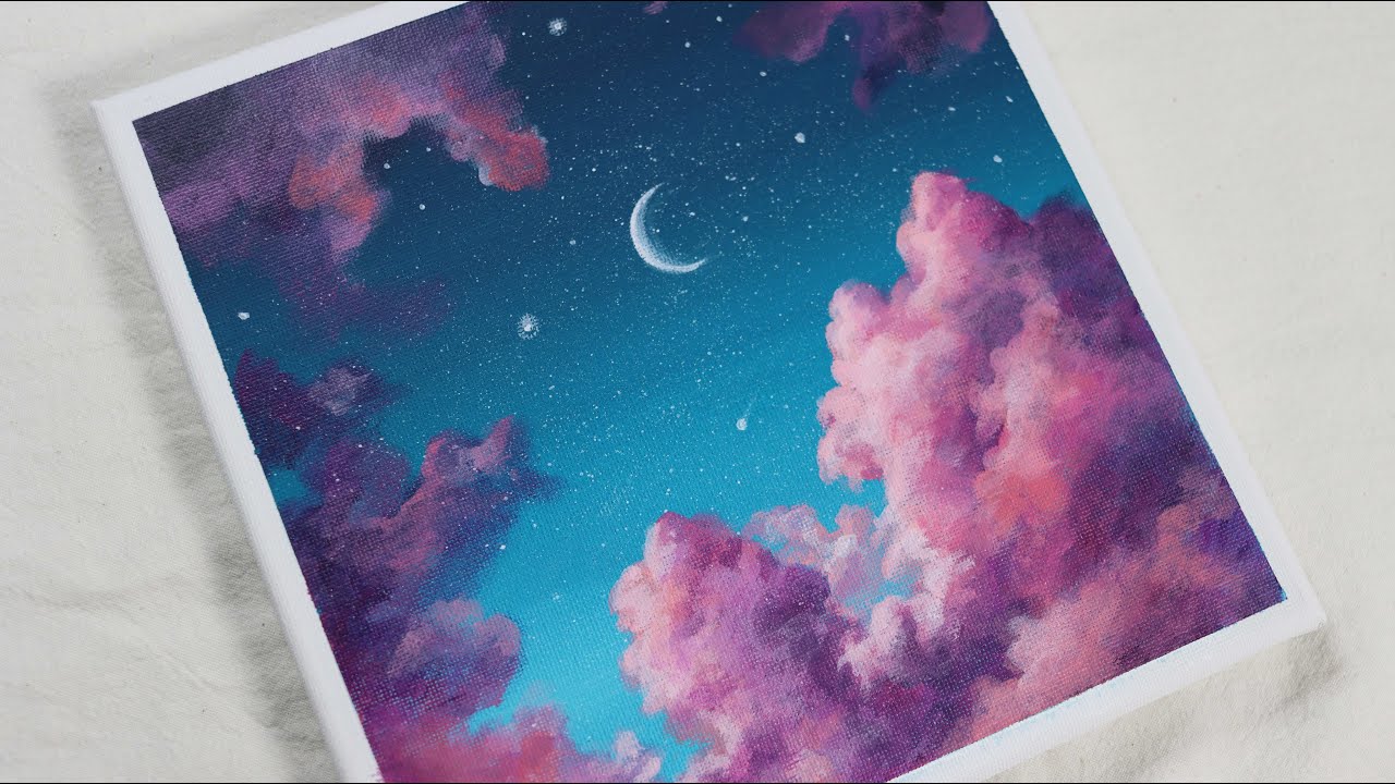 Pink Clouds In Night Sky Easy Acrylic Painting For Beginners