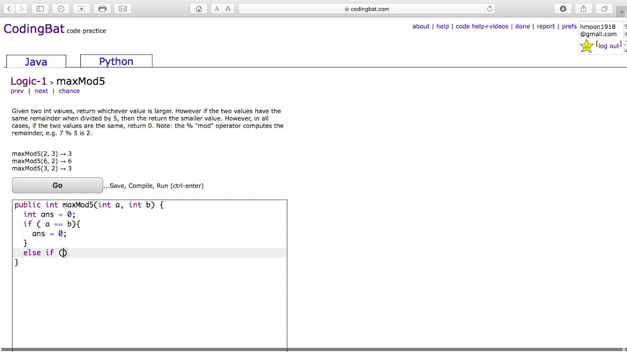 Logic 1 Maxmod5 Java Tutorial Codingbat Com Youtube