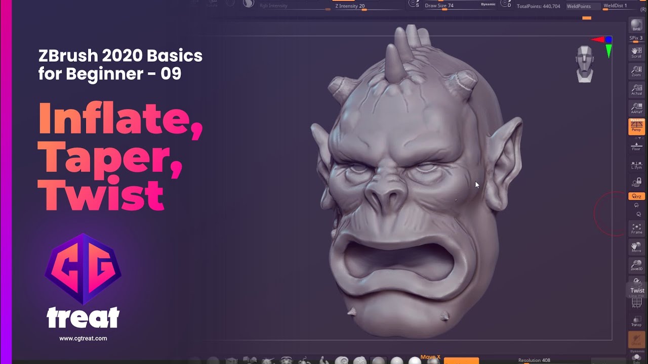 Zbrush Basics For Beginner 09 Inflate Rotate Taper Twist Youtube