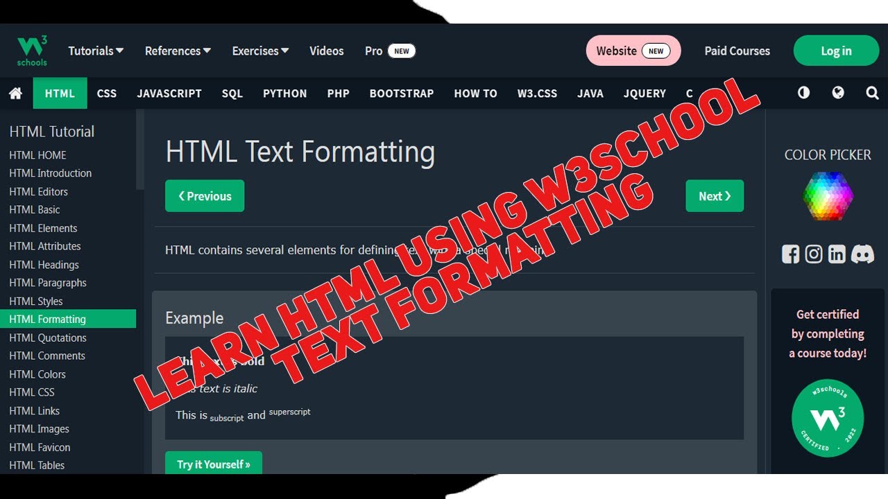Learn Html Using W3school Html Text Formatting Part 10 Youtube