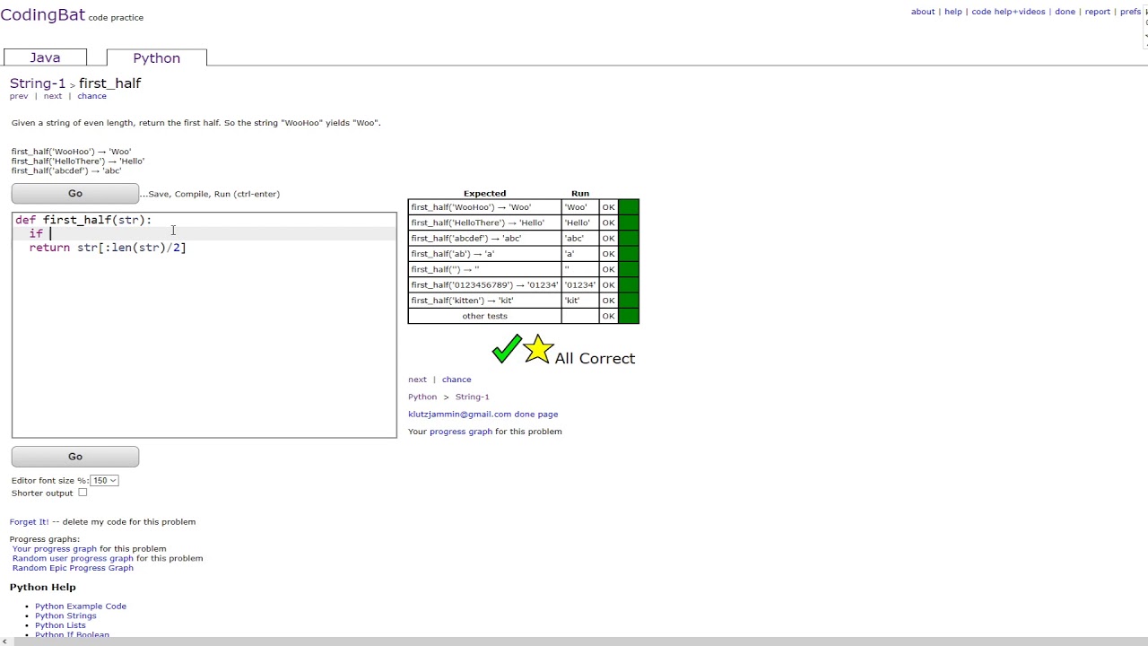 String 1 First Half Python Tutorial Codingbat Youtube