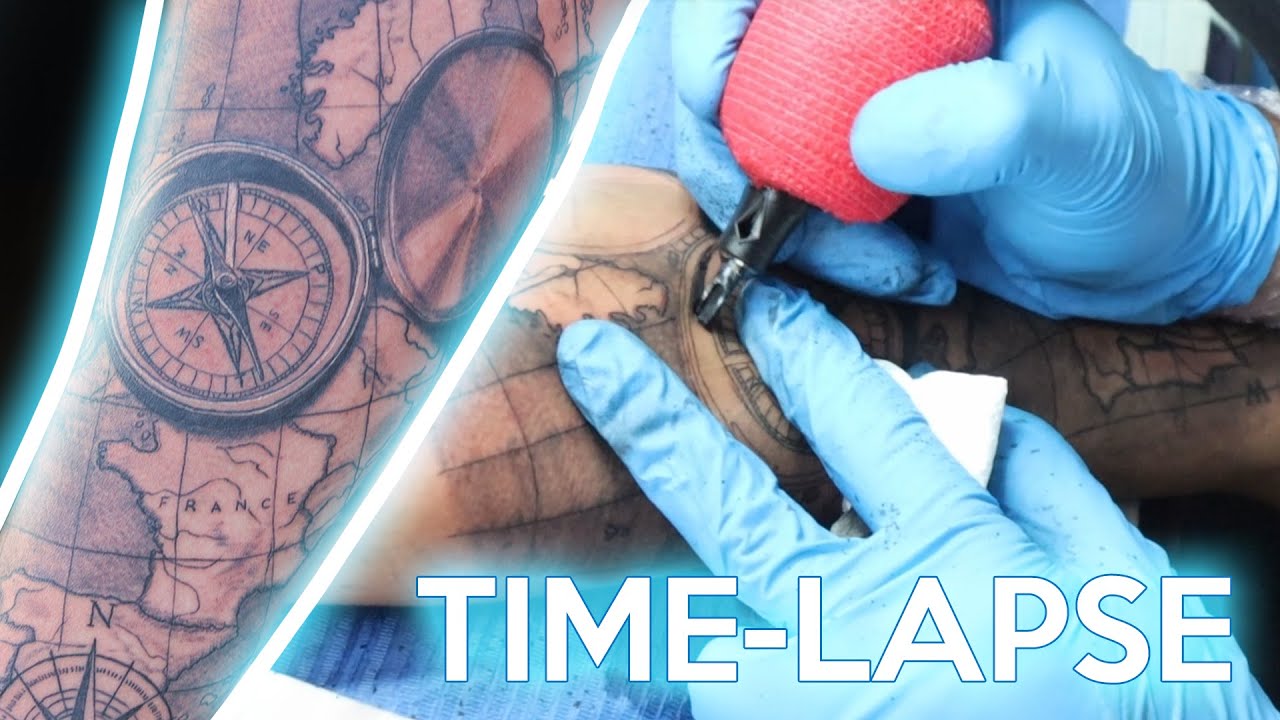 How To Tattoo A Realistic Compass Map Tattoo Time Lapse Youtube