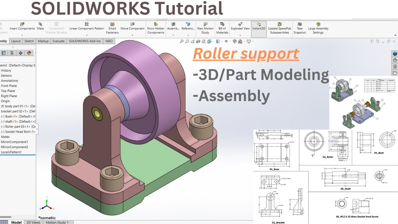 Solidworks Tutorial Roller Support 3d Modeling And Assembly Youtube
