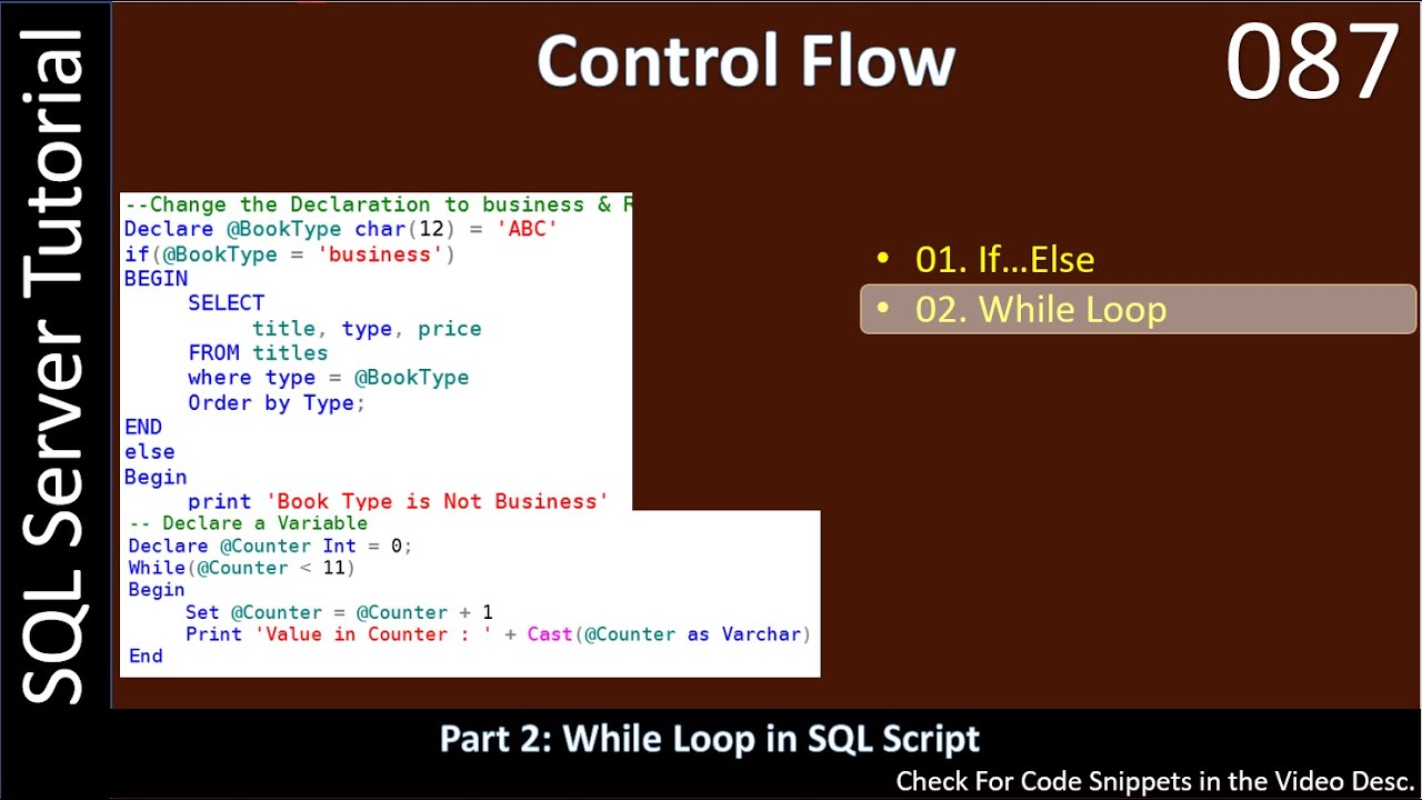 Control Flow Part 2 While Loop Ssms Tsql Tutorial 87 Youtube