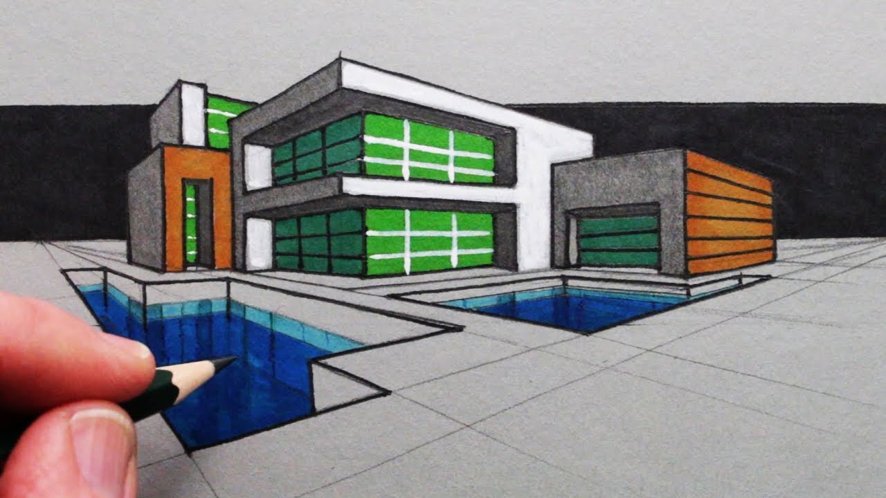 How To Draw A Modern House In Two Point Perspective Youtube