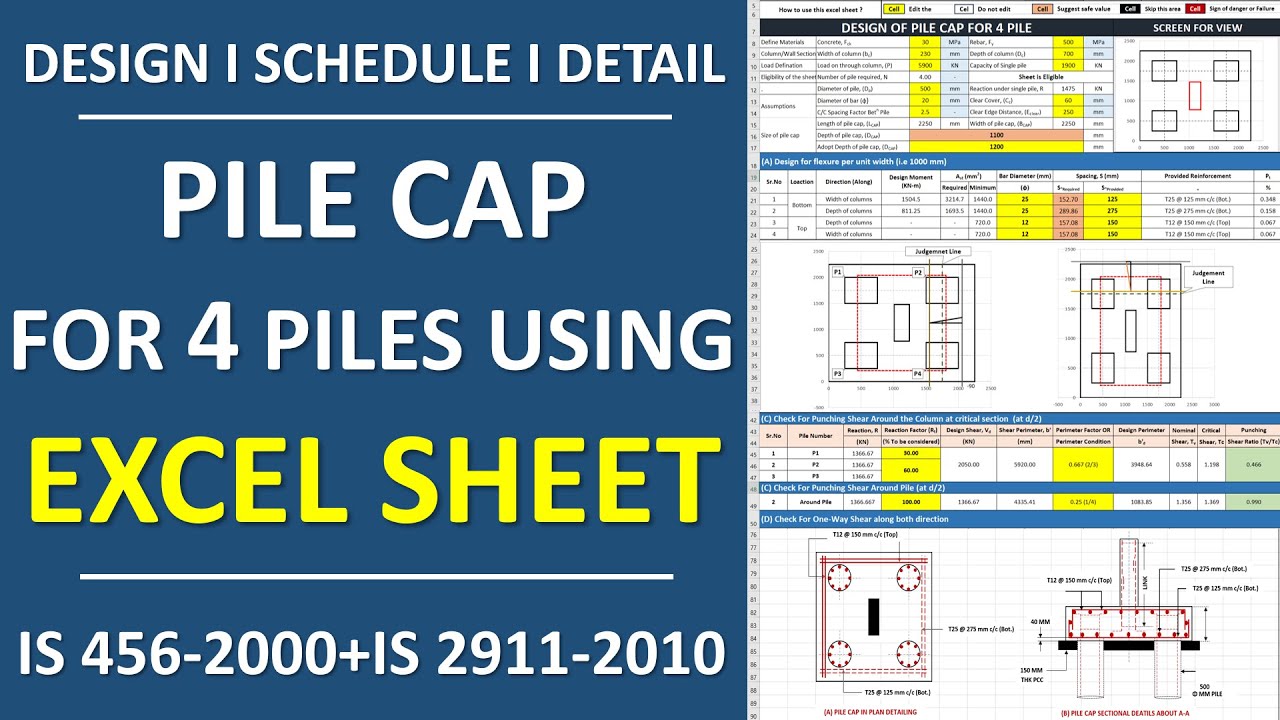 Design Of Pile Cap For 4 Piles By Excel Sheet I Foundation Design I Is