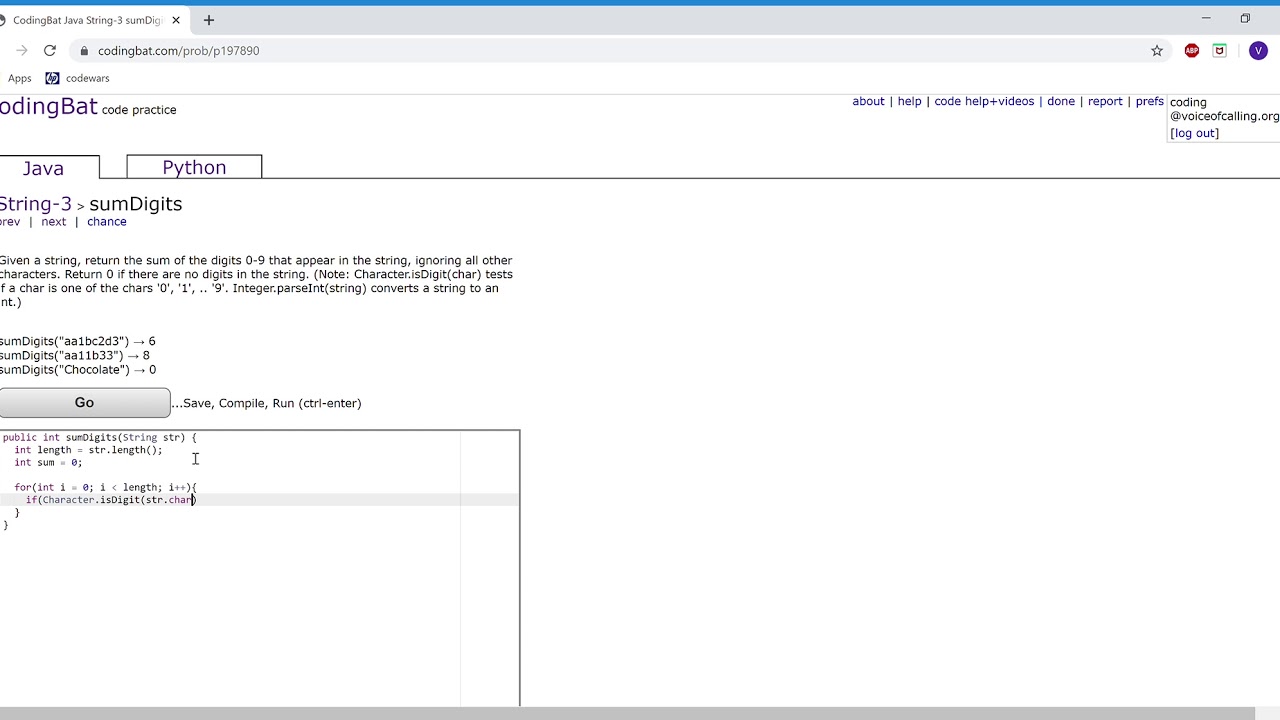 String 3 Sumdigits Java Tutorial Codingbat Youtube