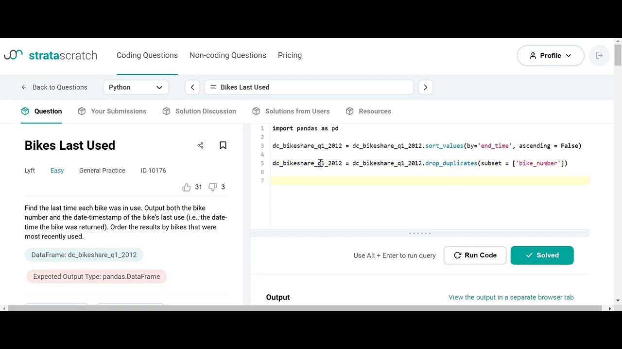 Bikes Last Used Python Solution Stratascratch Lyft Youtube