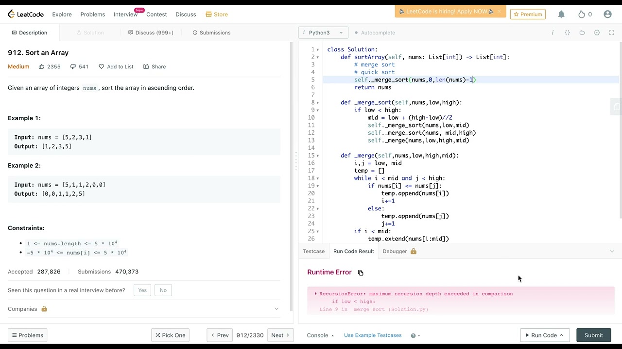 Leetcode 0912 Sort An Array Python Merge Sort Youtube