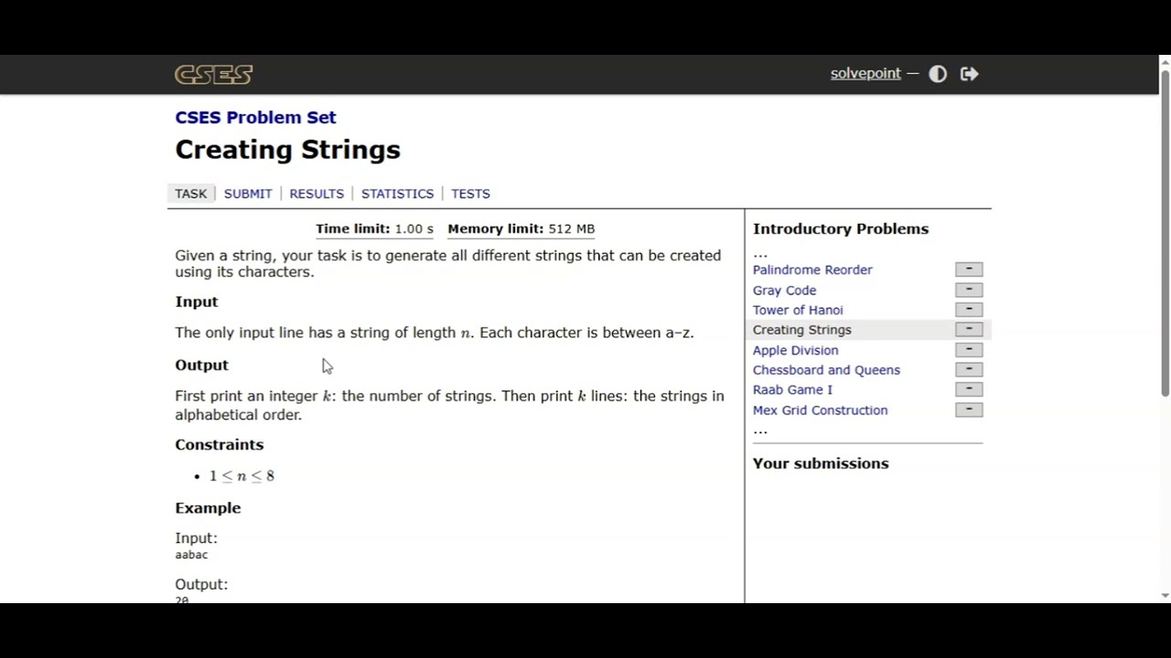Day 1 Solving Cses Creating Strings Python Youtube