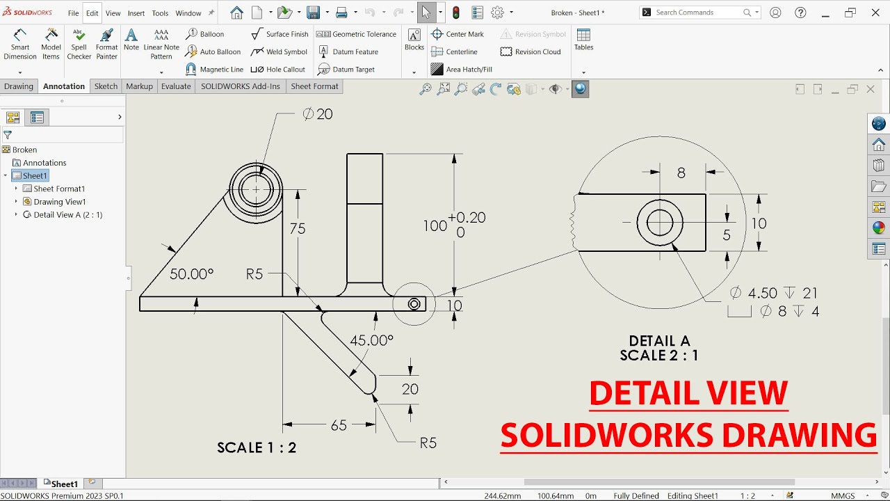 Solidworks Drawing Create Detail View Youtube