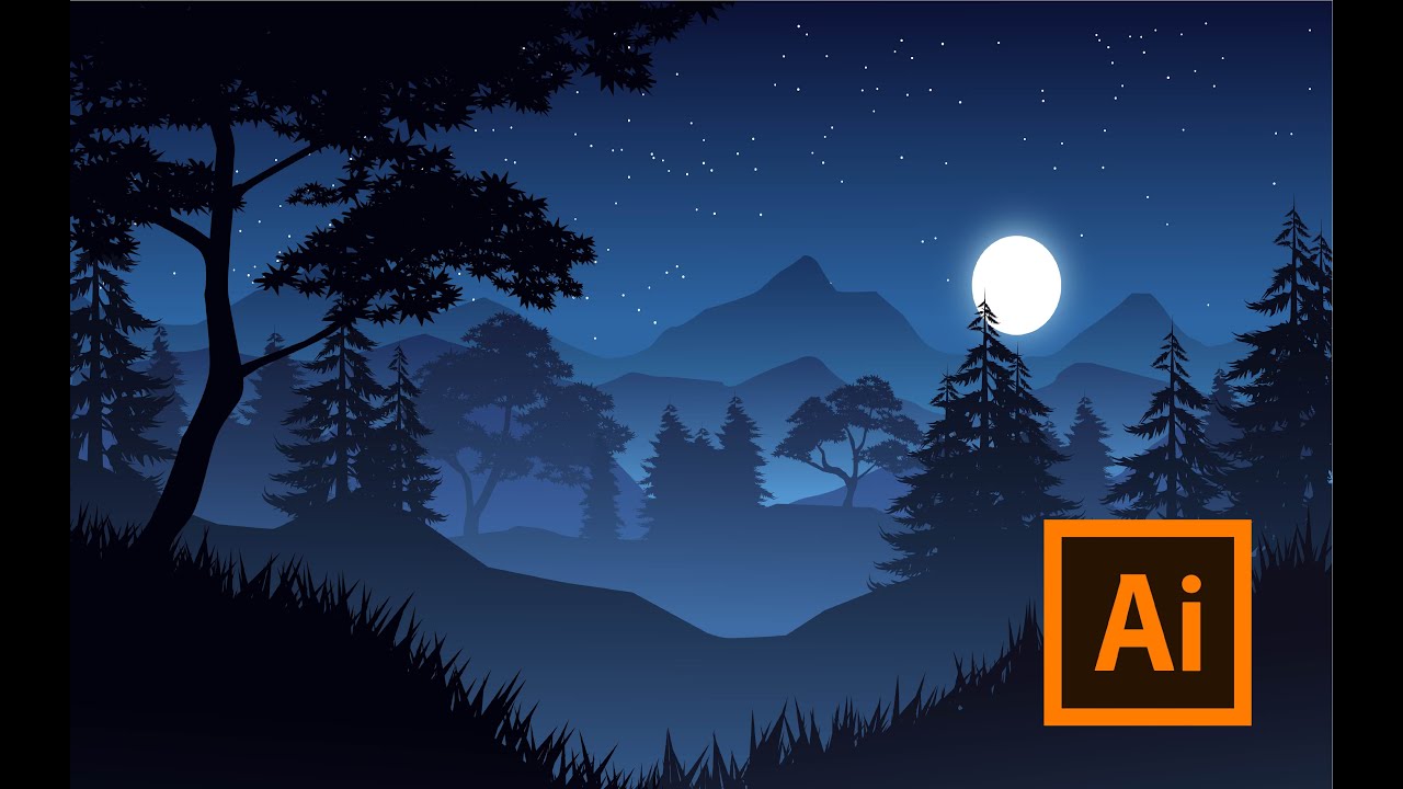 Vector Night Landscape Drawing On Adobe Illustrator Youtube