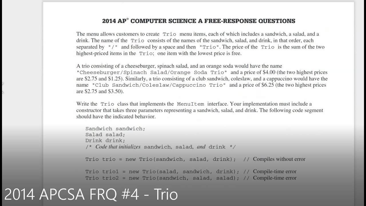 Java Lesson 153 Apcsa 2014 Free Response Question 4 Trio