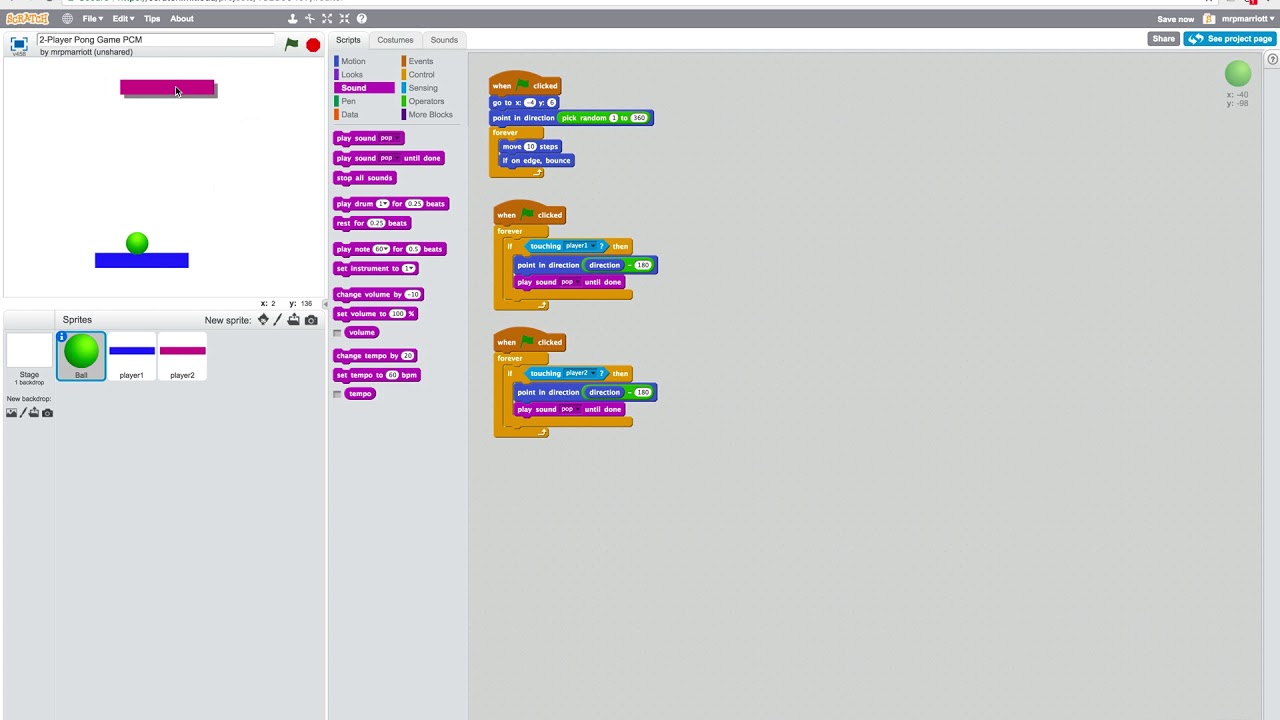 Scratch 2 0 Create A 2 Player Pong Game Tutorial Youtube