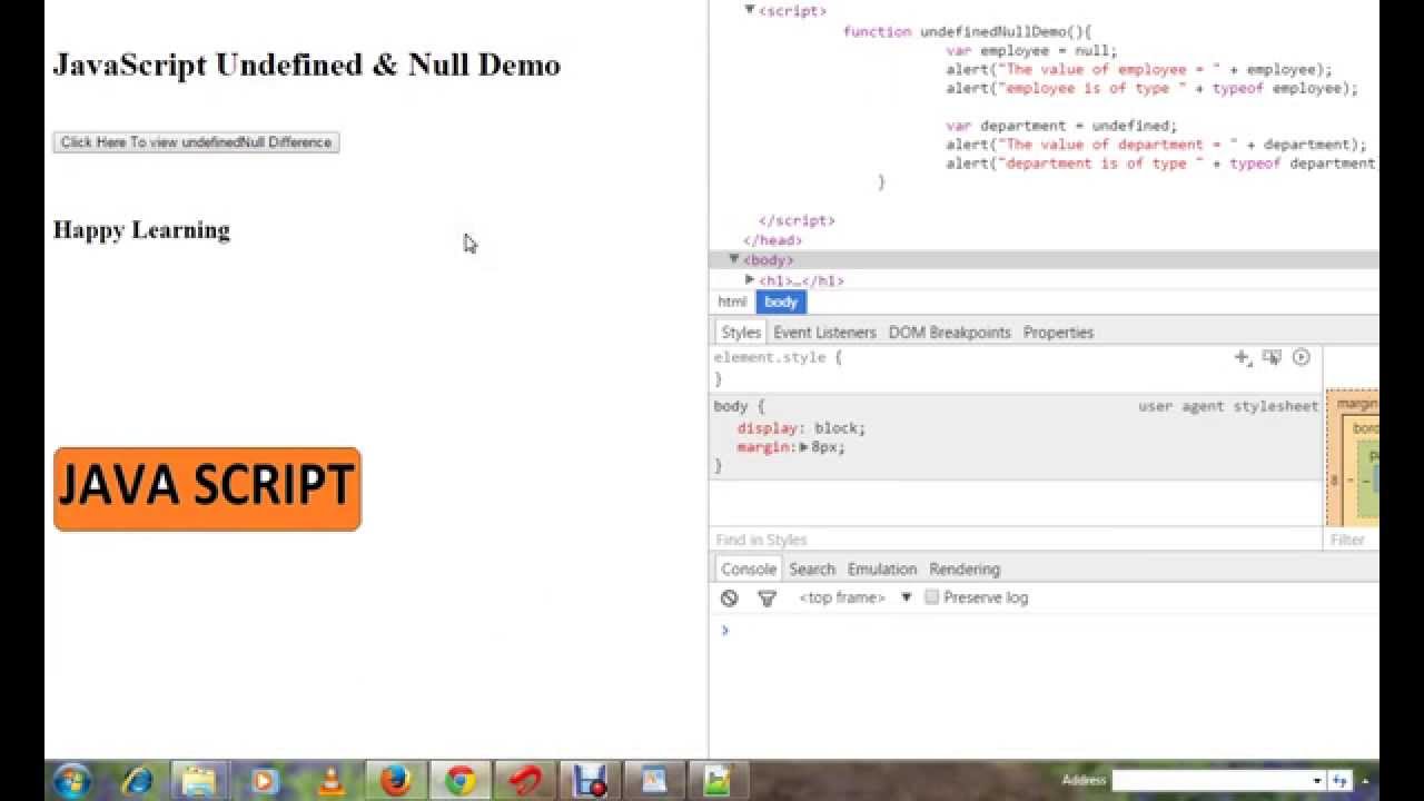 Difference Between Undefined And Null Javascript Demo Youtube