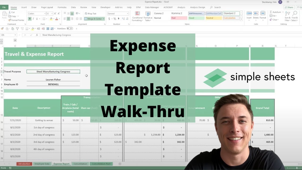 Expense Report Excel Template Step By Step Video Tutorial By Simple
