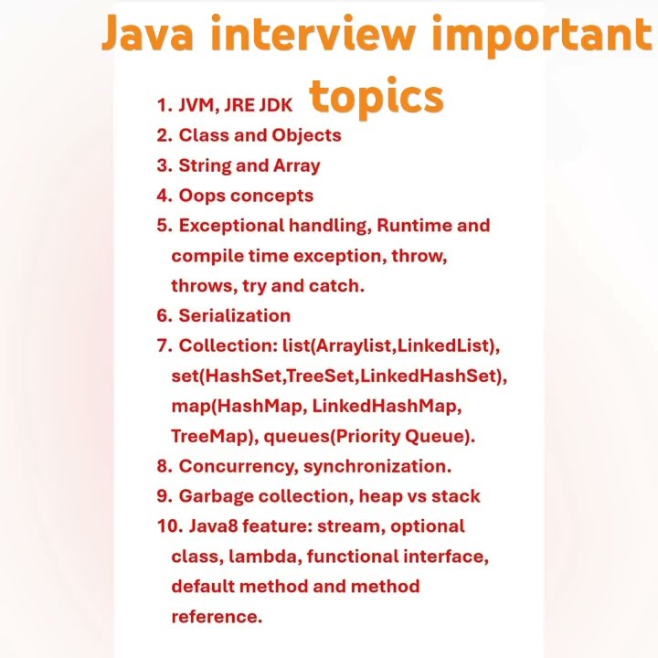 Java Important Topics For Interview Java Interview Questions Shorts