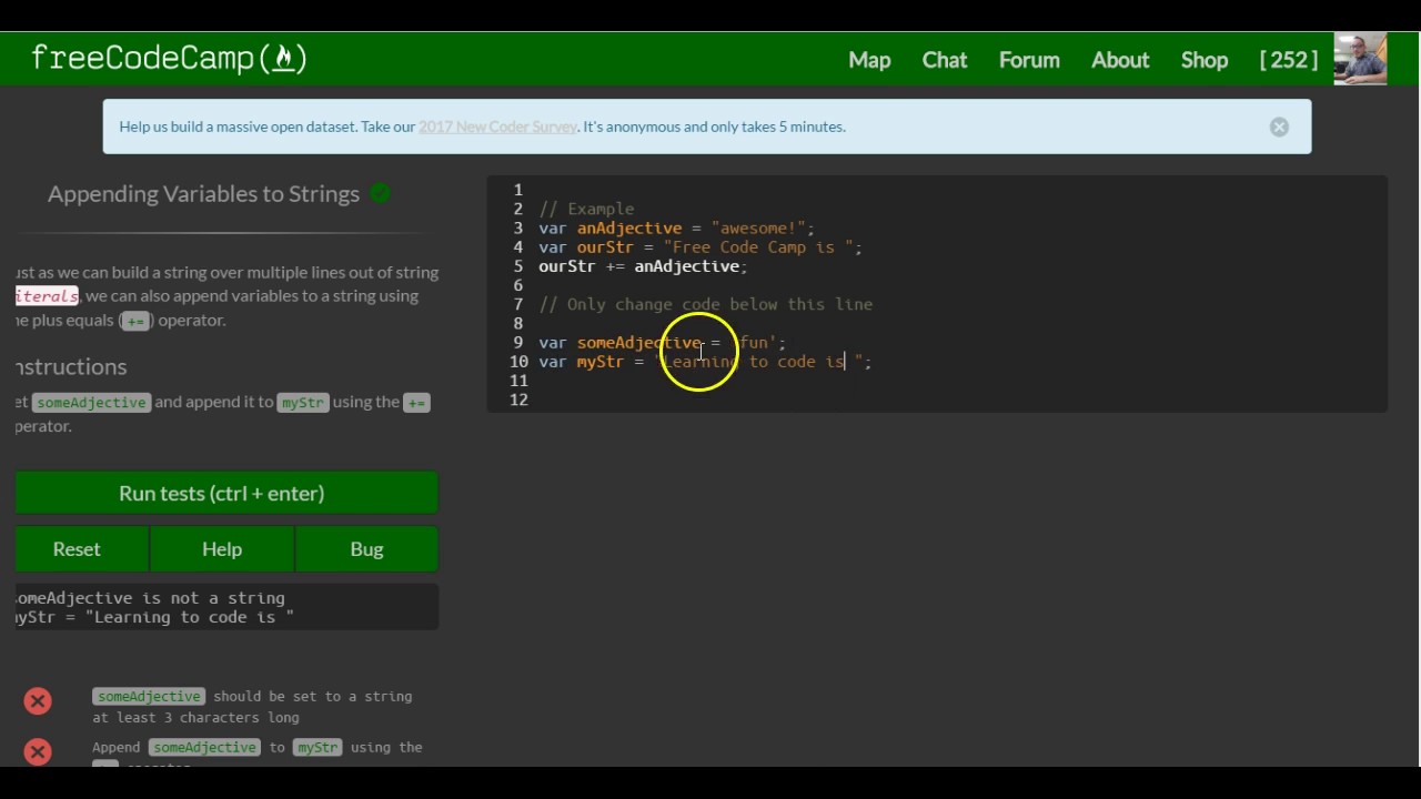 Appending Variables To Strings Freecodecamp Basic Javascript Youtube