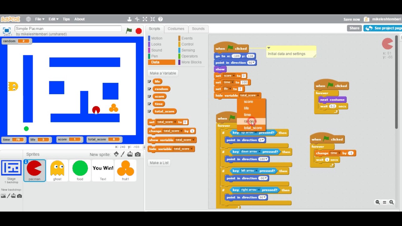 Scratch Simple Pacman More Features 1 Adding Fruits Youtube