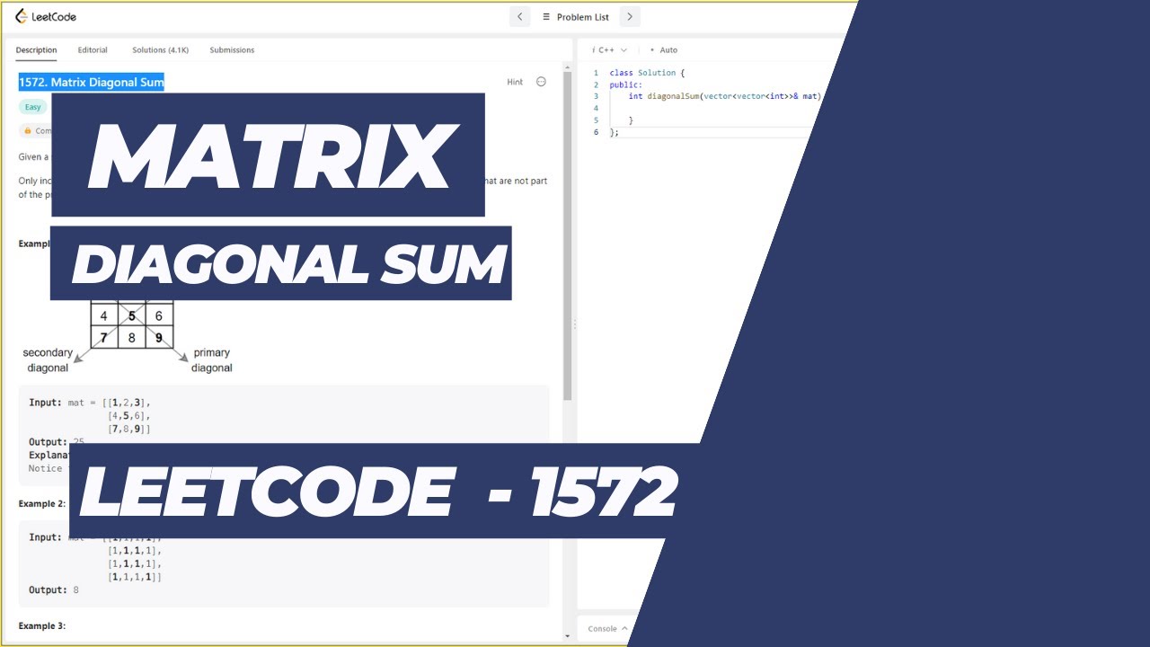 Matrix Diagonal Sum Leetcode 1572 C Hindi Youtube