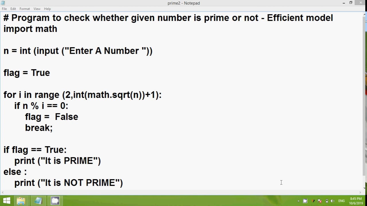Prime Number Program In Python 2nd Model Youtube