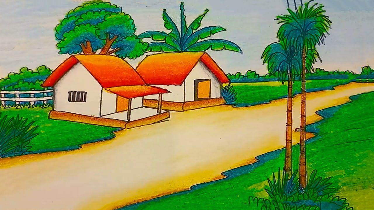 How To Draw Easy Village House Drawing With Landscape Village Scenery