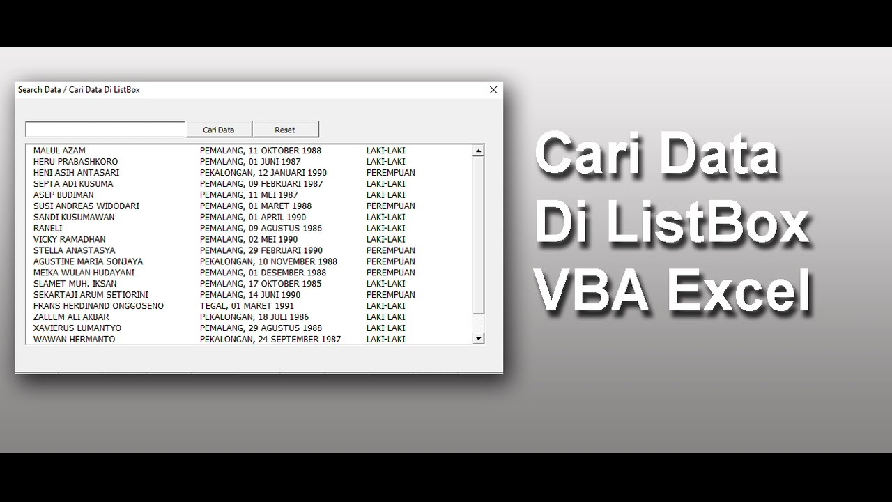 Pencarian Data Di Listbox Vba Excel Youtube