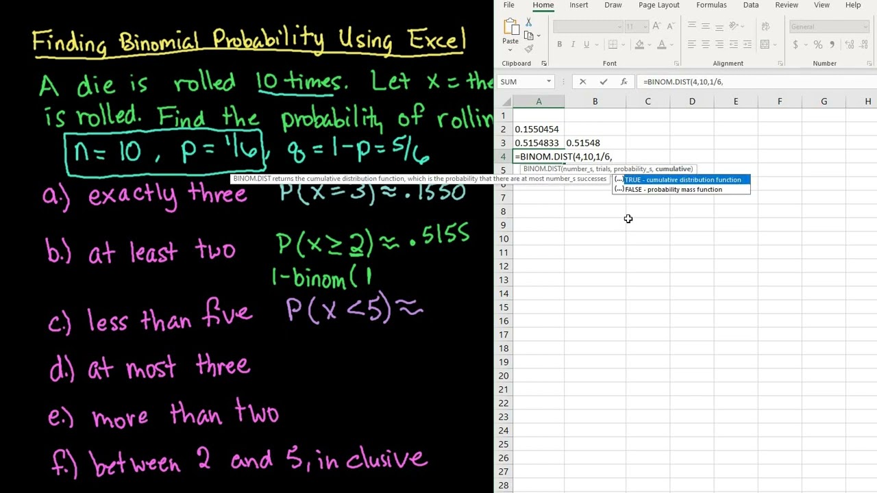 How To Find Binomial Probabilities Using Excel 2016 Youtube