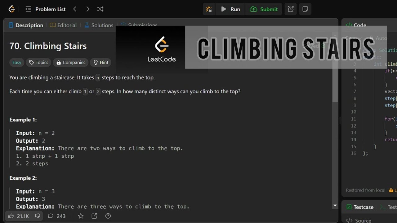 Leetcode 70 Climbing Stairs C Youtube