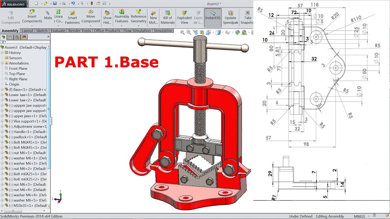 Solidworks Tutorial Design Of Pipe Vice Part 1 Base Youtube