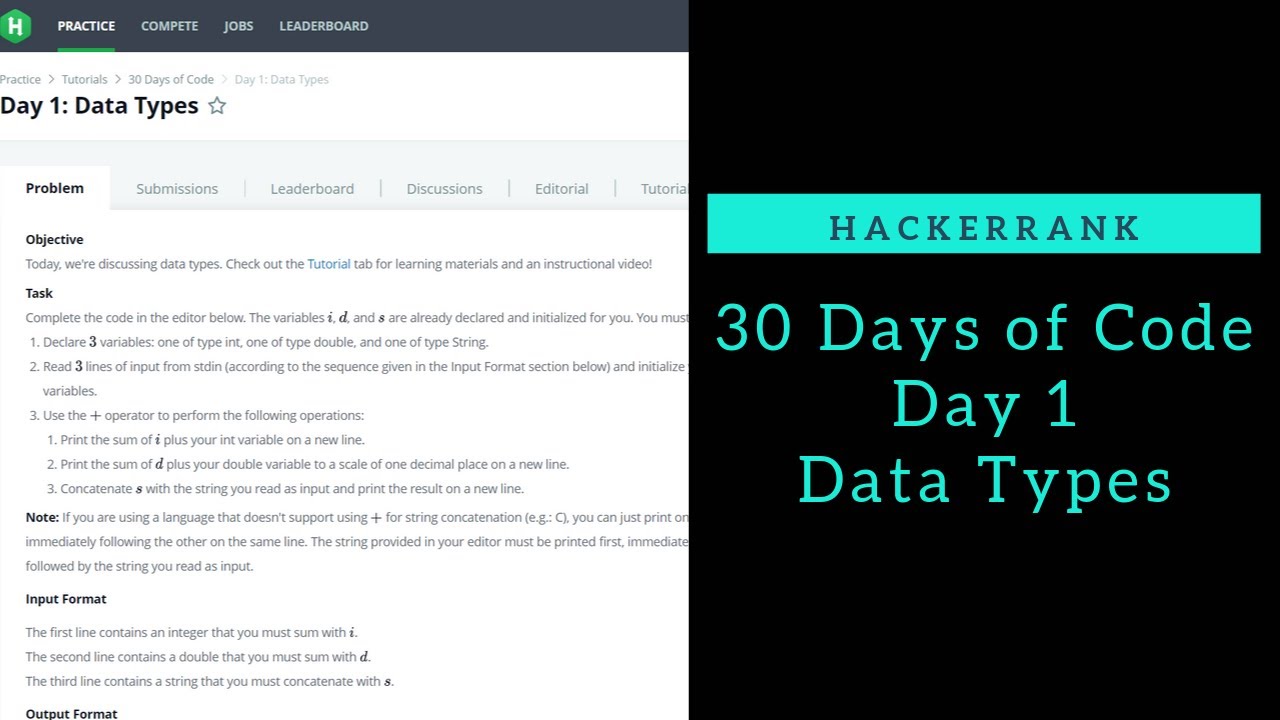 Data Types Hackerrank Day 1 Python Youtube