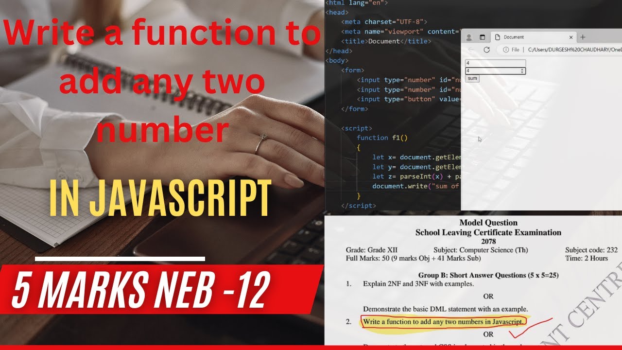 Class 12 Function To Add Two Numbers In Javascript 5 Marks Adding