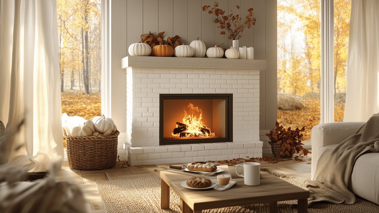 Cozy Fall Fireplace Ambience Natural Sunny Fall Aesthetic With Pumpkins