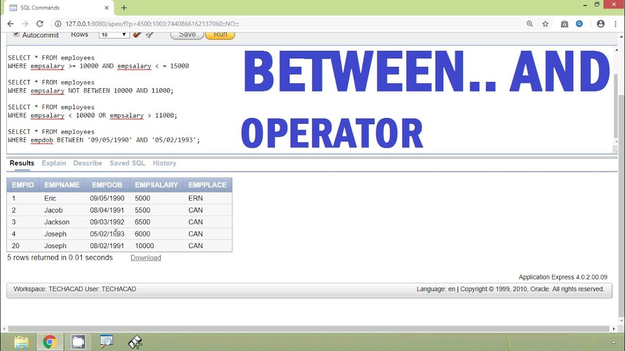 Oracle Tutorial Between And Operator Youtube