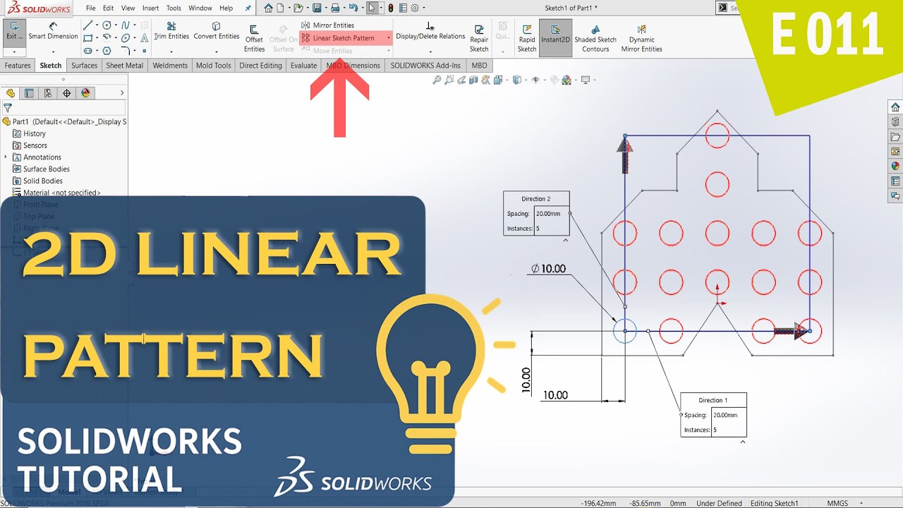 Solidworks Sketch Tutorial E011 â Linear Sketch Pattern Command