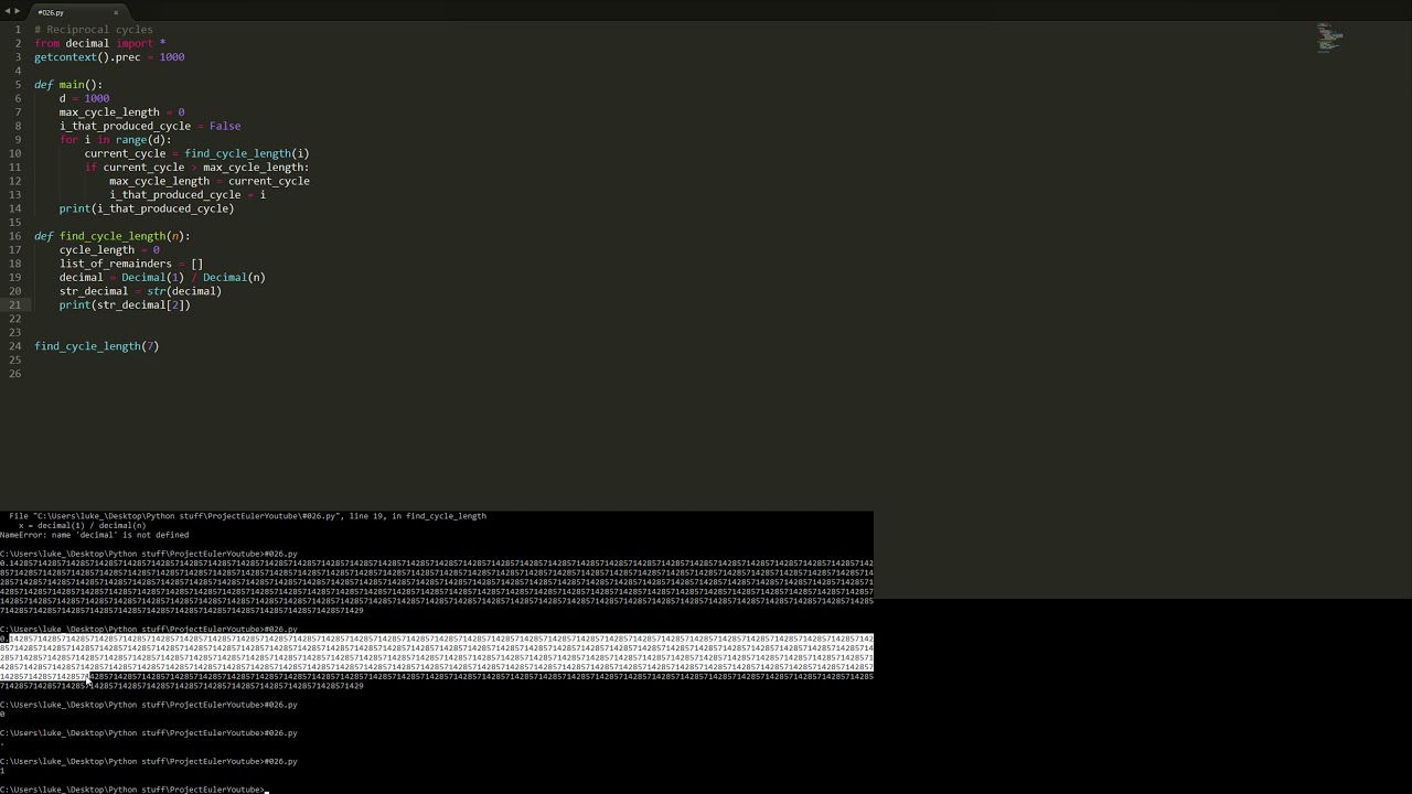 Python Beginner Tutorial Series Using Project Euler 26 Reciprocal