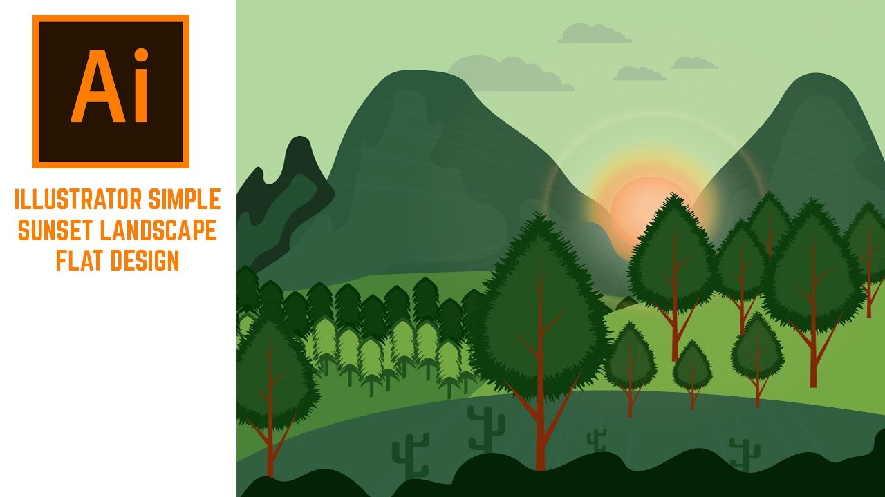 Illustrator Simple Sunset Landscape Flat Design Illustrator
