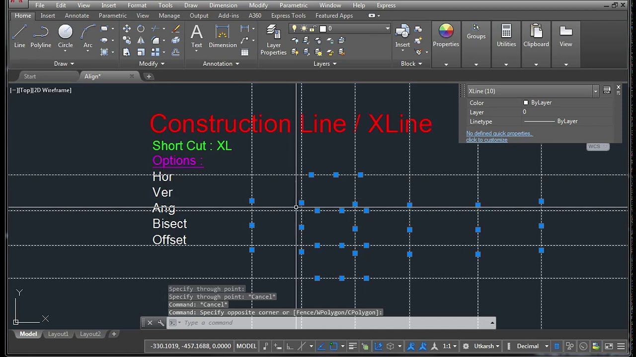 Construction Line Or Xline Command In Autocad Youtube